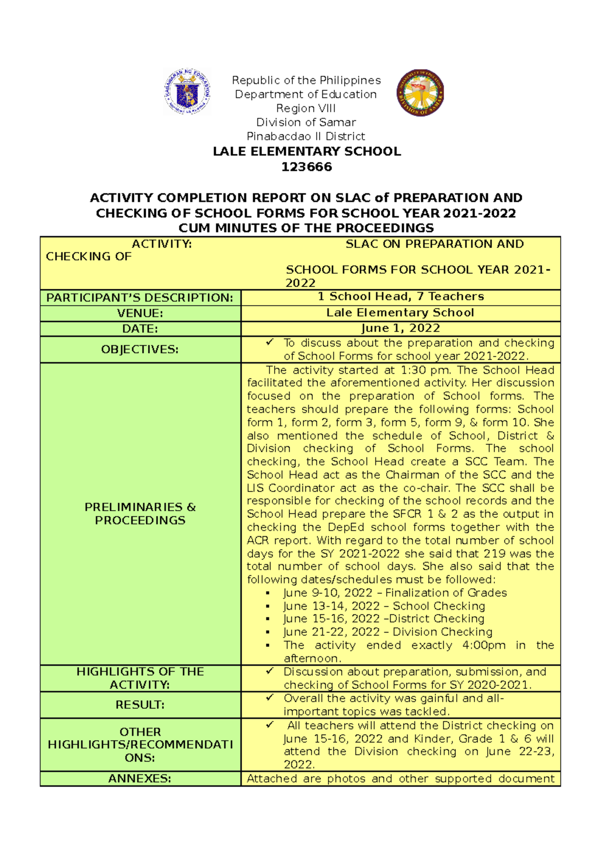 SLAC-Preparation, Submission and Checking of School Forms for School ...