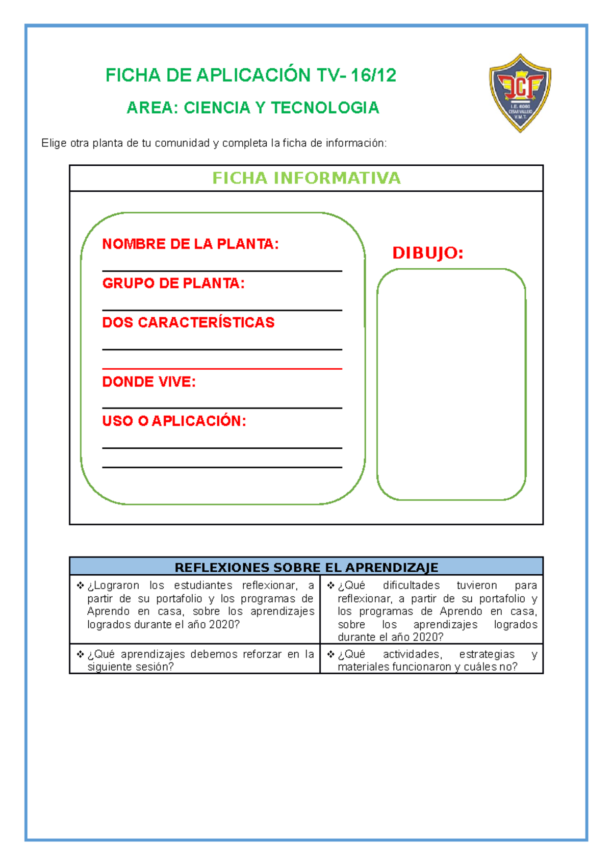 Ficha DE Aplicación TV 16-12 - FICHA DE APLICACIÓN TV- 16/ AREA ...