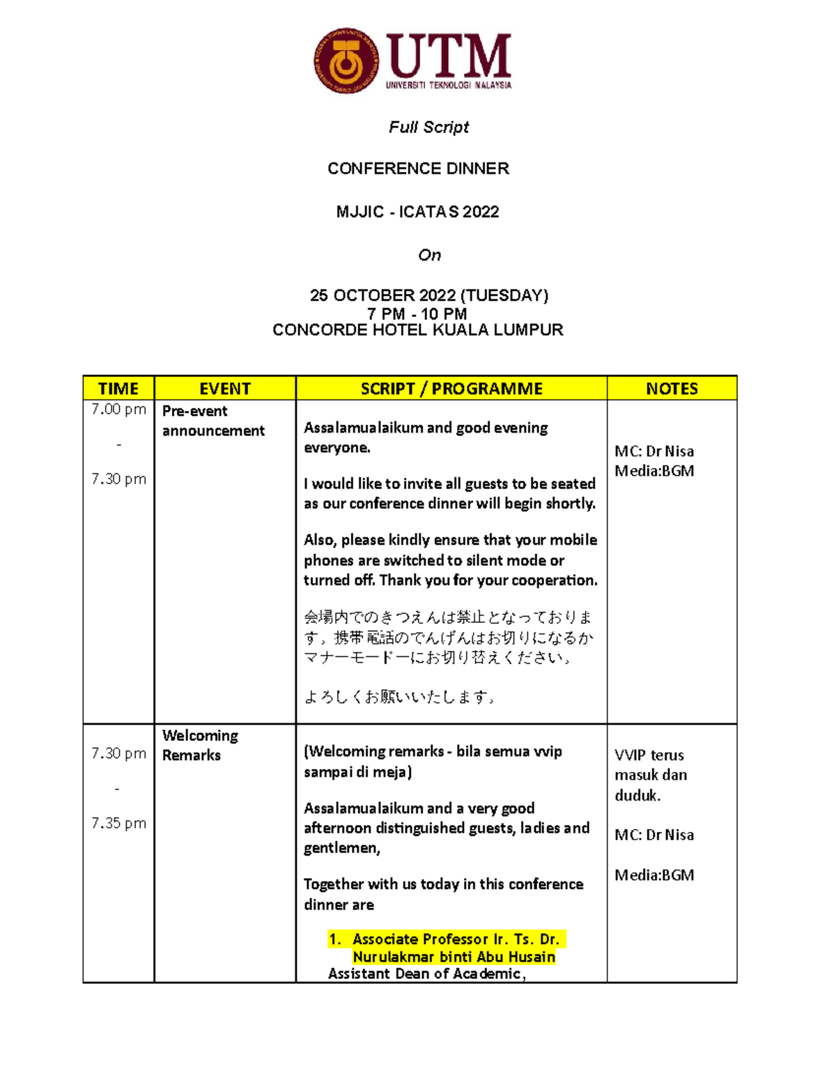 Emcee dinner mjjit lunch - Full Script CONFERENCE DINNER MJJIC - ICATAS ...