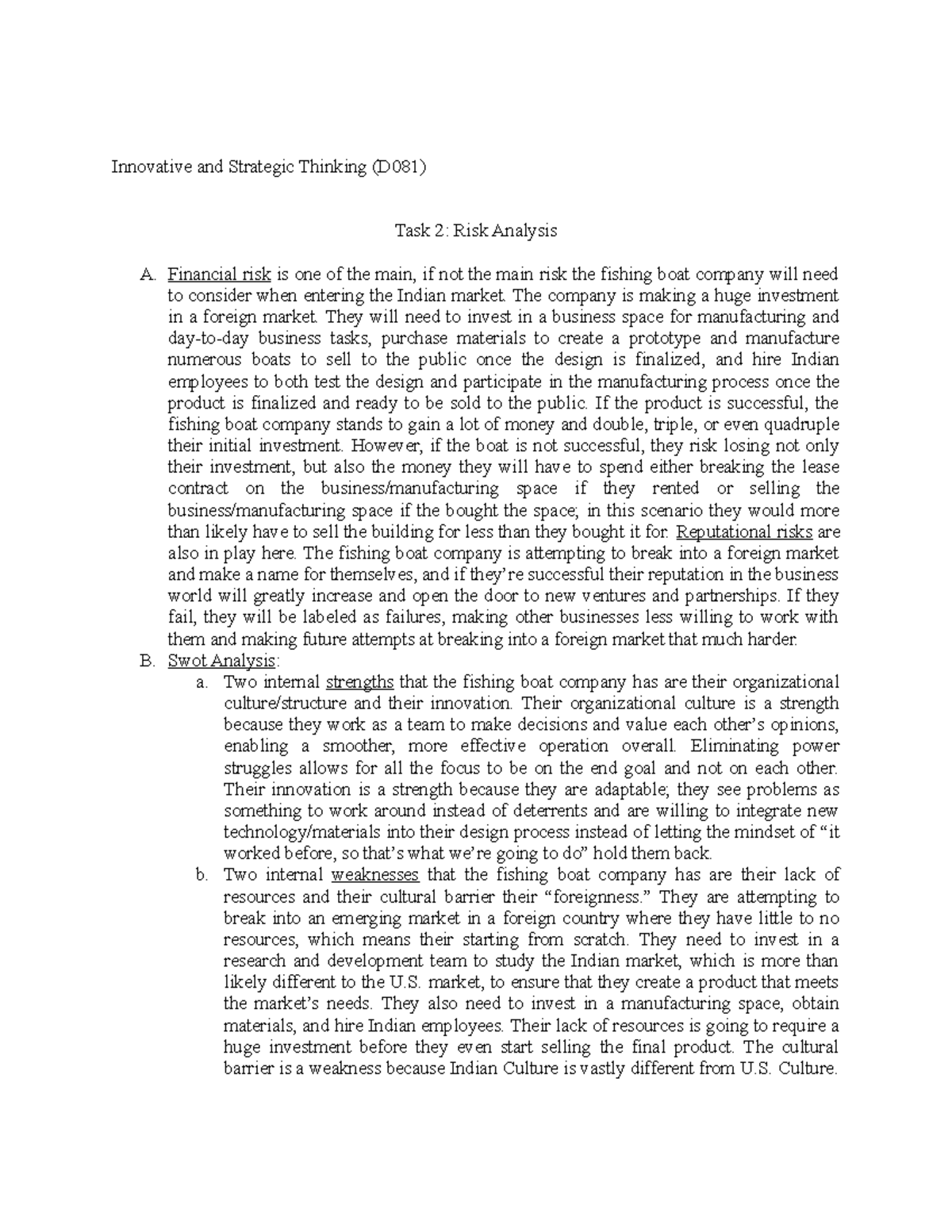 D081 Task 2 - Task 2 for D081 Innovative and Strategic Thinking. Passed ...