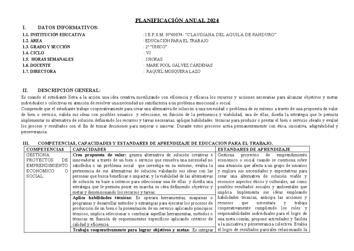 2°PLAN Anual EPT -2024 - PLANIFICACIÓN ANUAL 2024 I. DATOS INFORMATIVOS: 1. INSTITUCIÓN ...