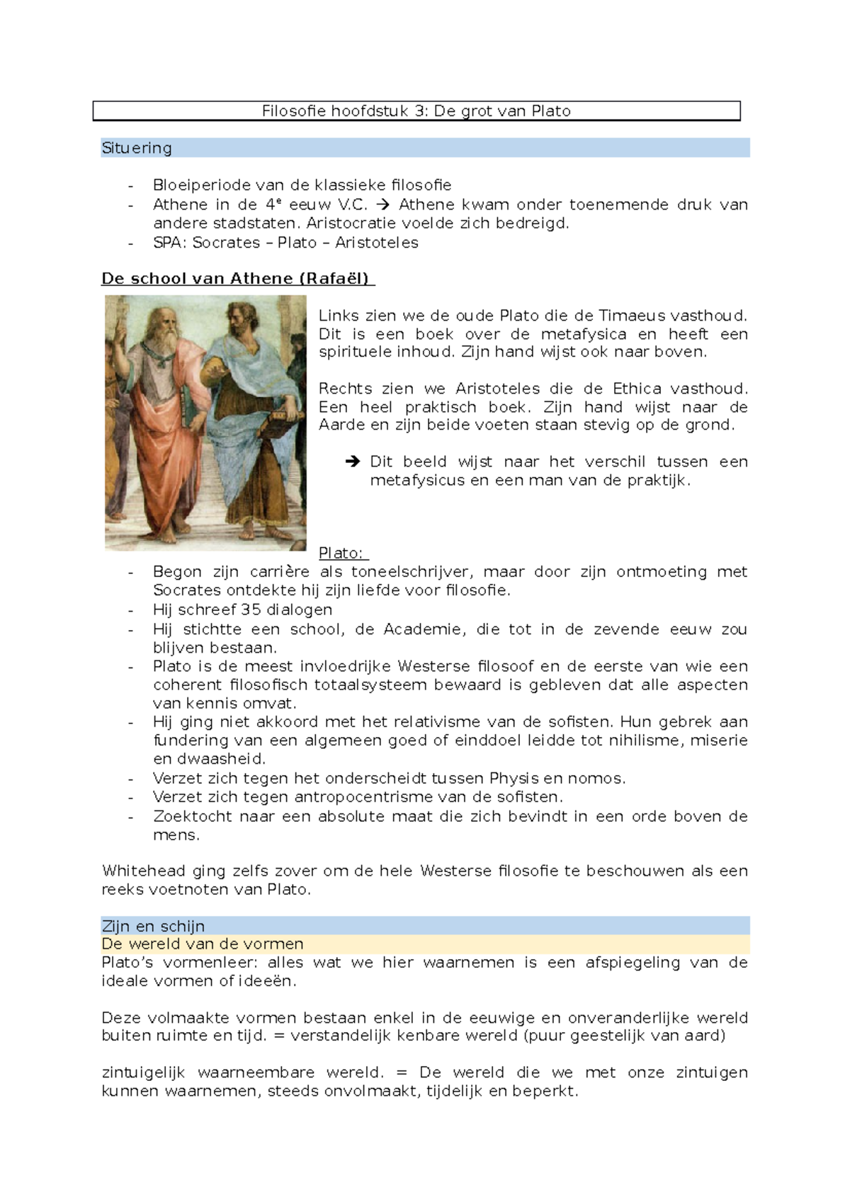 De grot van Plato (afgedrukt) - Filosofie hoofdstuk 3: De grot van ...