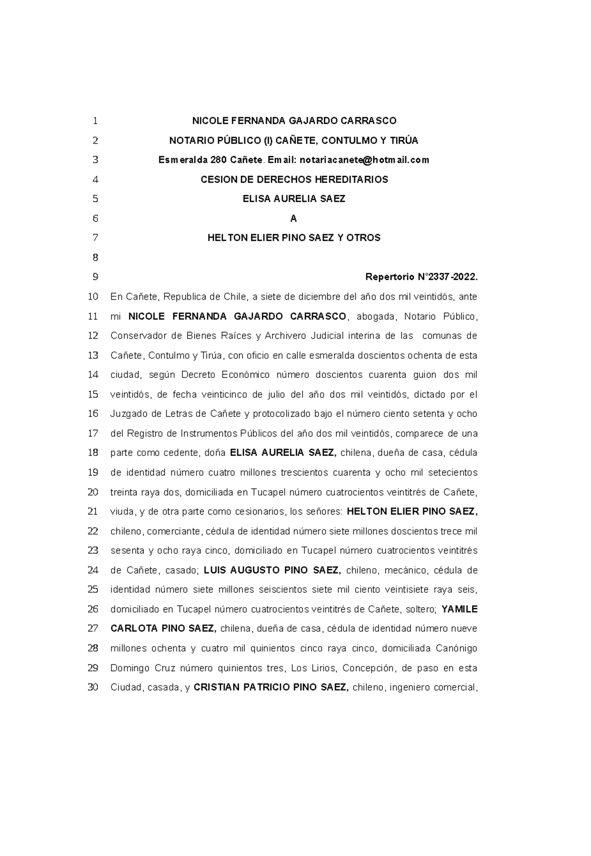Rep.2337 Cesion DE Derechos Hereditarios Cónyuge Elisa Aurelia SAEZ A ...