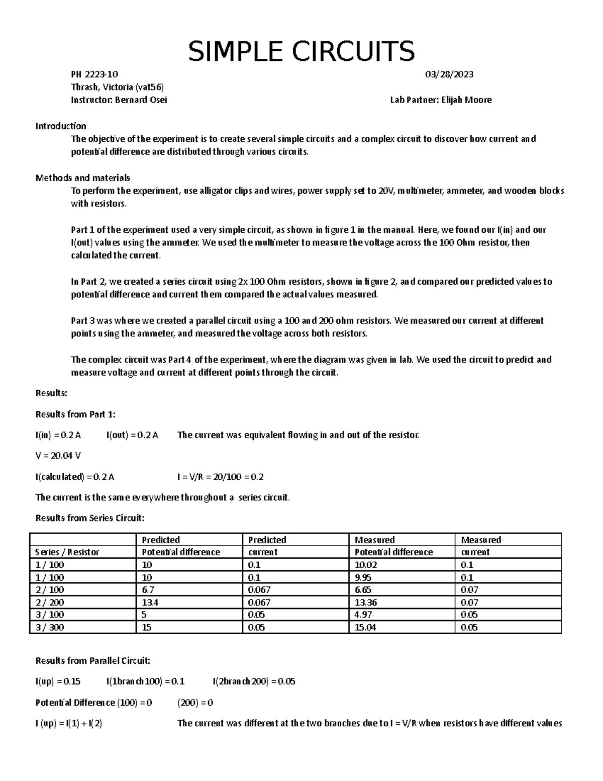 Lab7 simplecircuits - simple circuits lab report - SIMPLE CIRCUITS PH 2223-10 03/28/ Thrash ...
