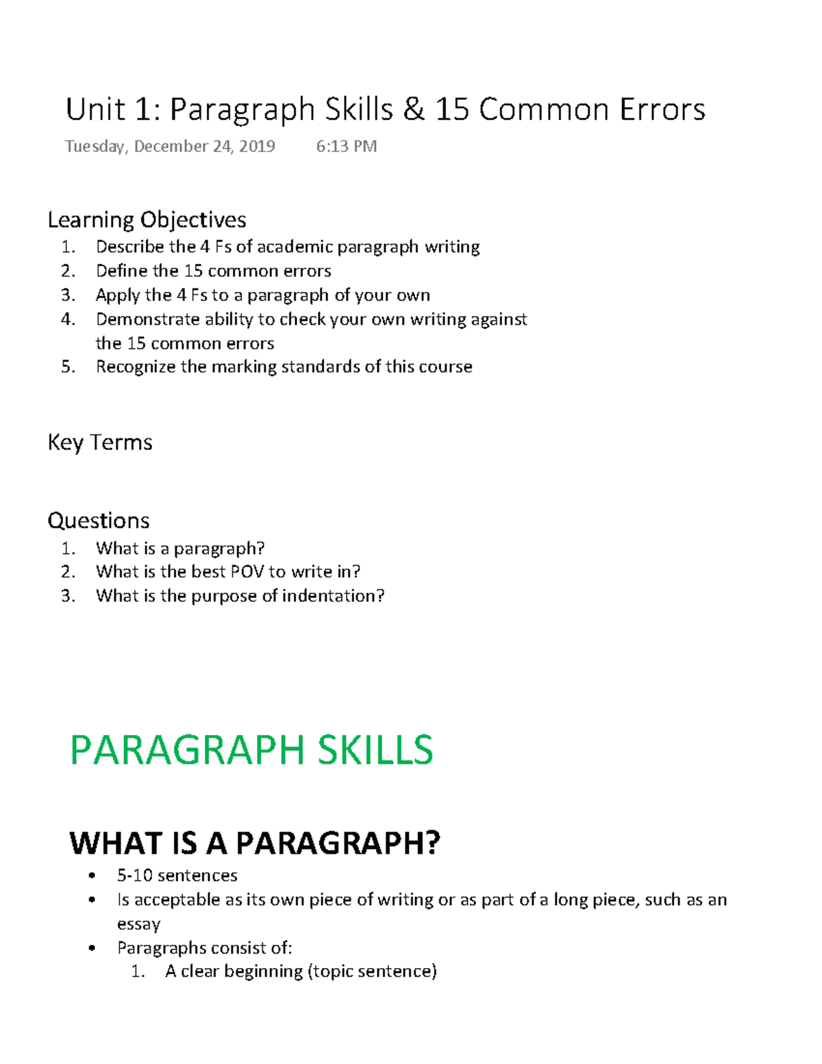 Unit 1 Paragraph Skills - Warning: TT: undefined function: 32 Learning Objectives Describe the 4 ...
