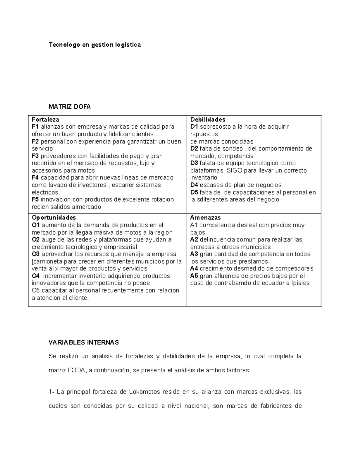 Matriz DOFA - Tecnologo en gestion logistica MATRIZ DOFA Fortaleza F1 ...