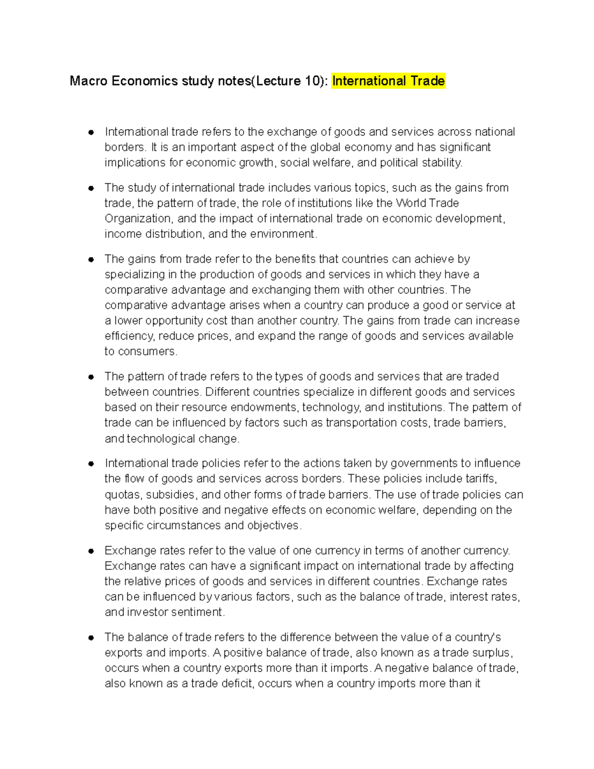 Macro Economics study notes(Lecture 10) International Trade - It is an ...