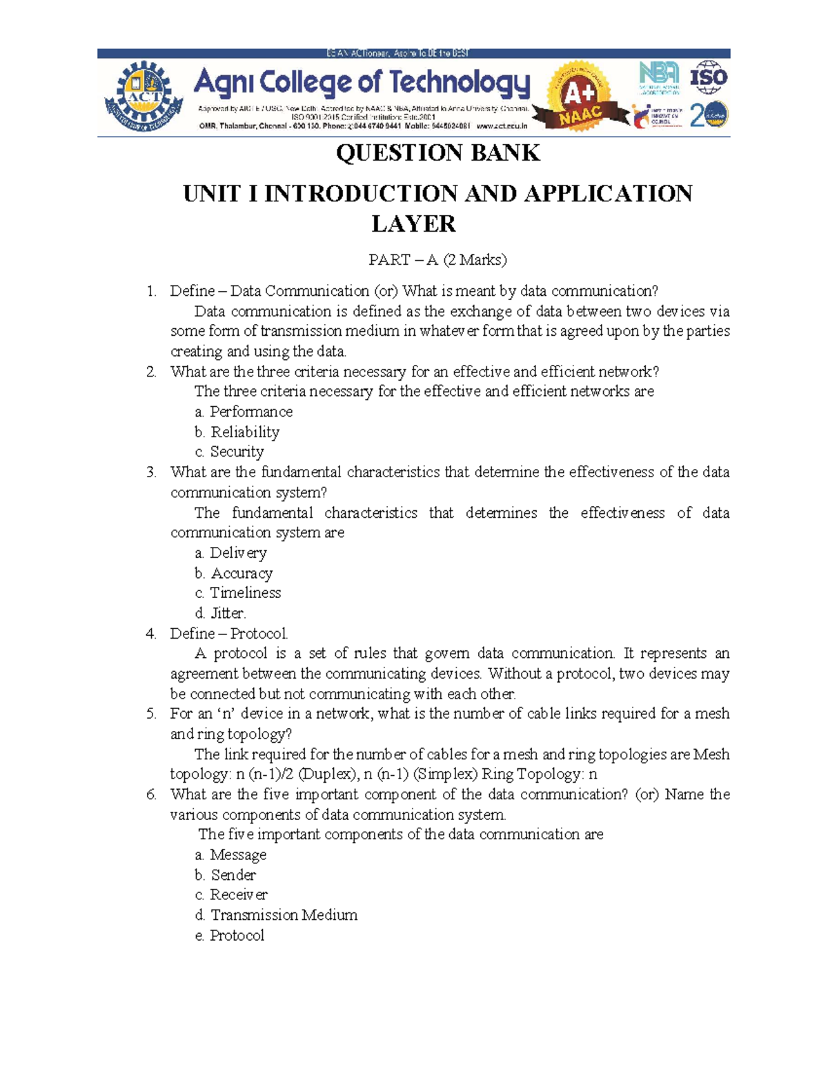 CS3591 Computer Networks QB - QUESTION BANK UNIT I INTRODUCTION AND ...