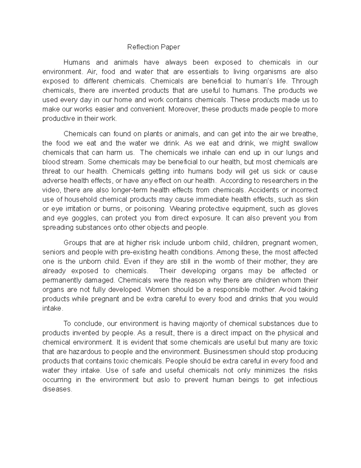Reaction Paper about Chemicals - Reflection Paper Humans and animals ...