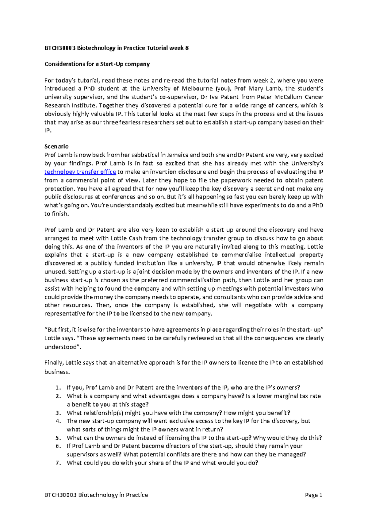 Tutorial week 8 2021 alt option - BTCH30003 Biotechnology in Practice Tutorial week 8 ...