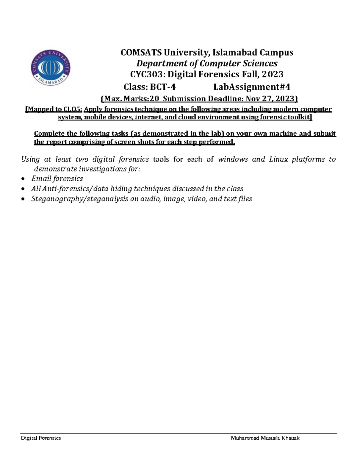CYC303-Fall2023-Lab Assignment#4 - Digital Forensics Muhammad Mustafa Khattak COMSATS University ...