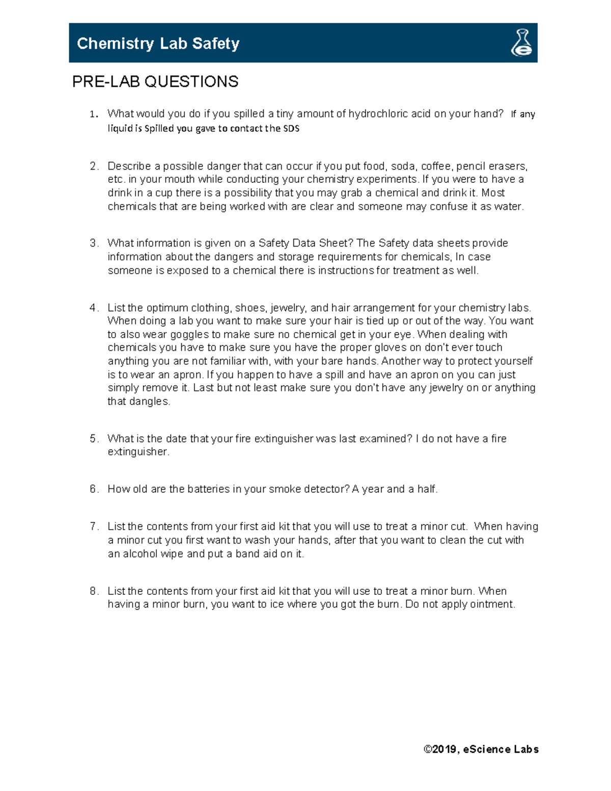Chemistry Lab Safety Pre-Lab for lab work - PRE-LAB QUESTIONS What ...