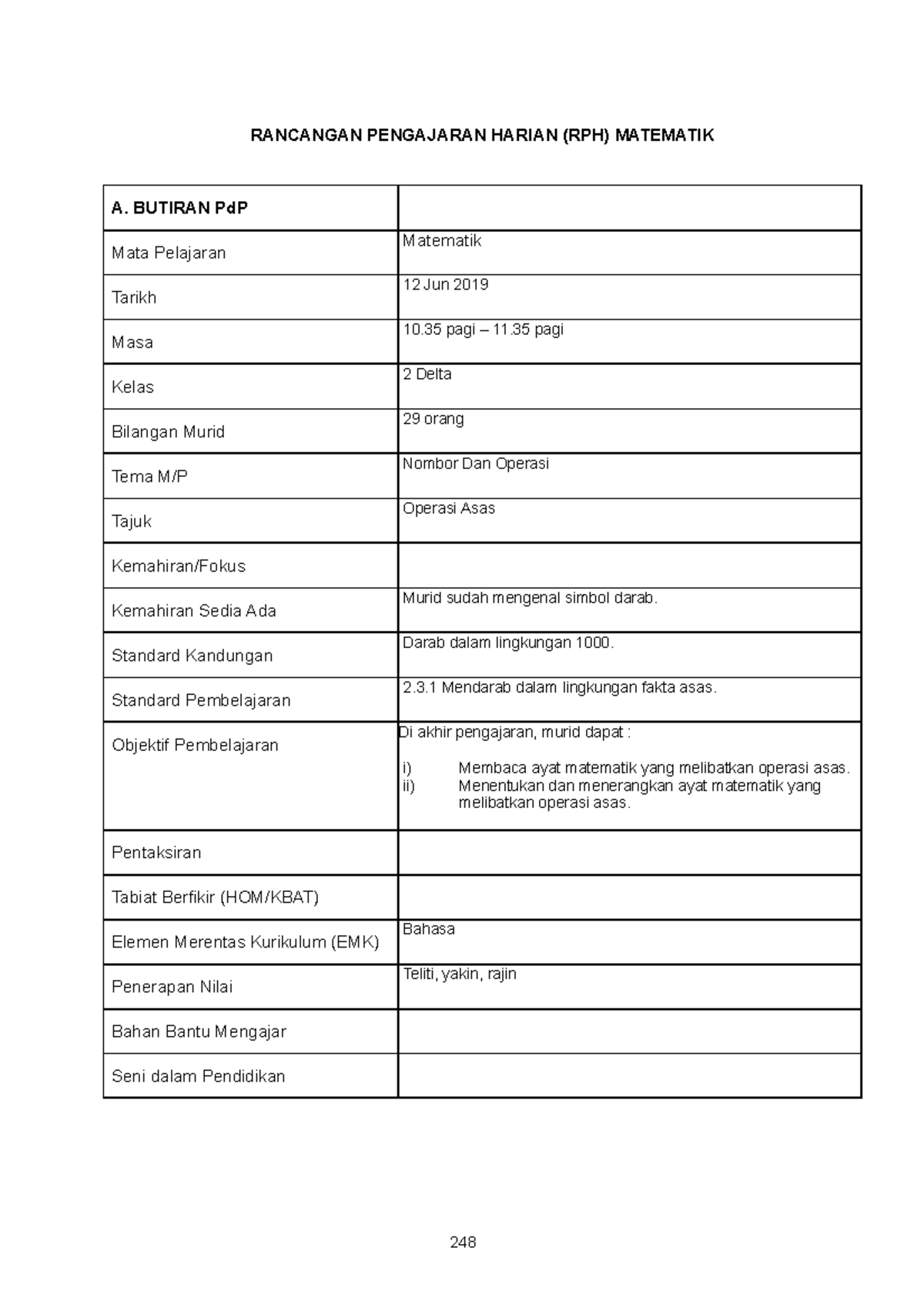 Rph-darab-tahun-2 compress - 248 RANCANGAN PENGAJARAN HARIAN (RPH) MATEMATIK A. BUTIRAN PdP Mata ...