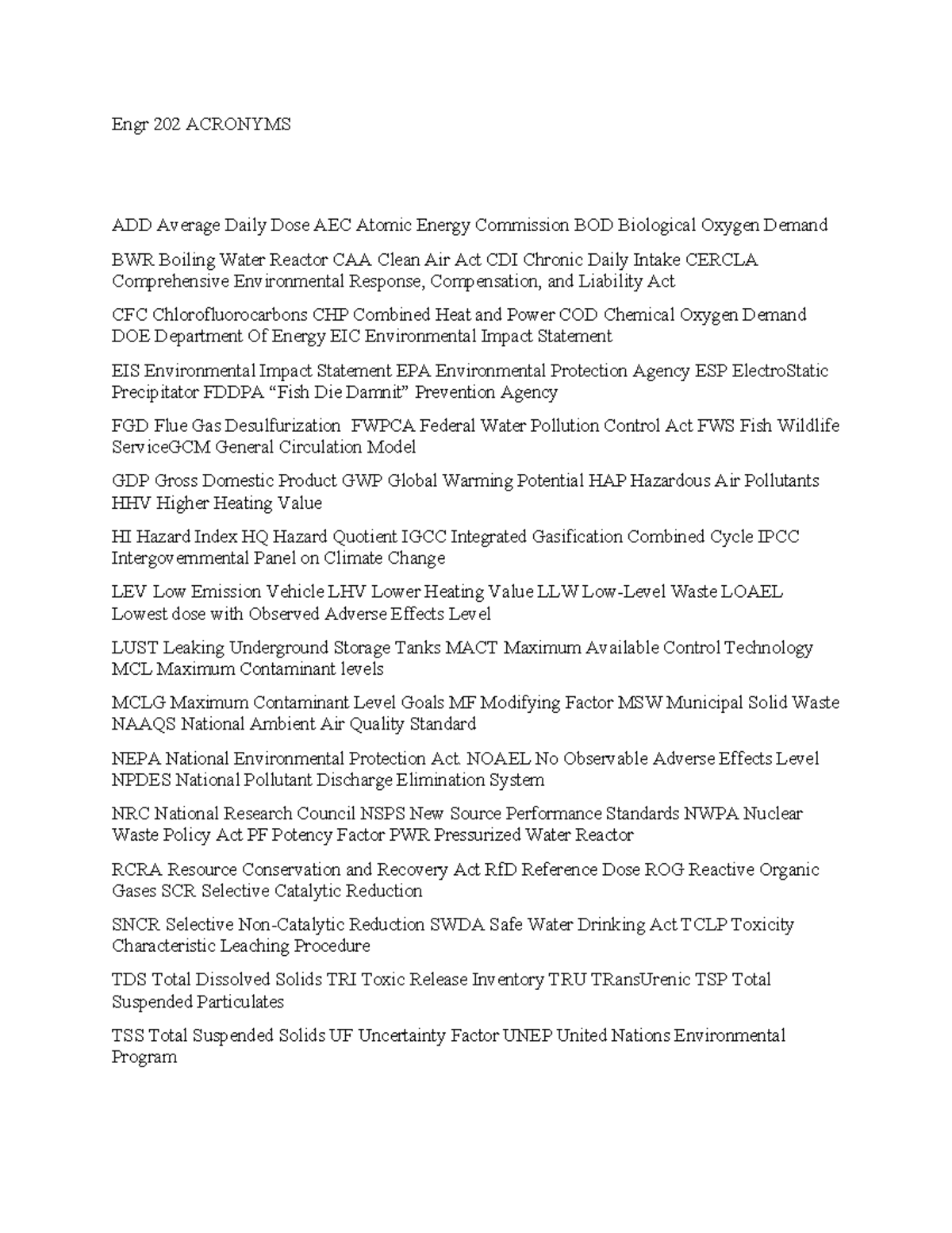 Engr 202 Acronyms - Engr 202 ACRONYMS ADD Average Daily Dose AEC Atomic ...