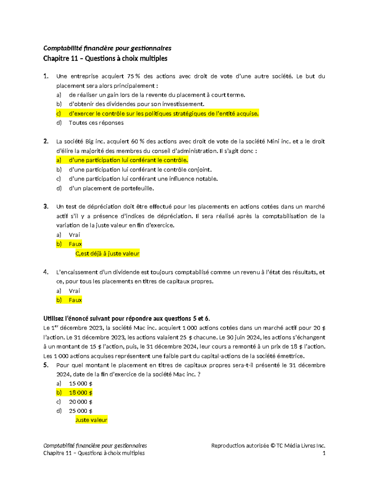Ch11 questions choix multiples 1660939904 - Comptabilité financière ...