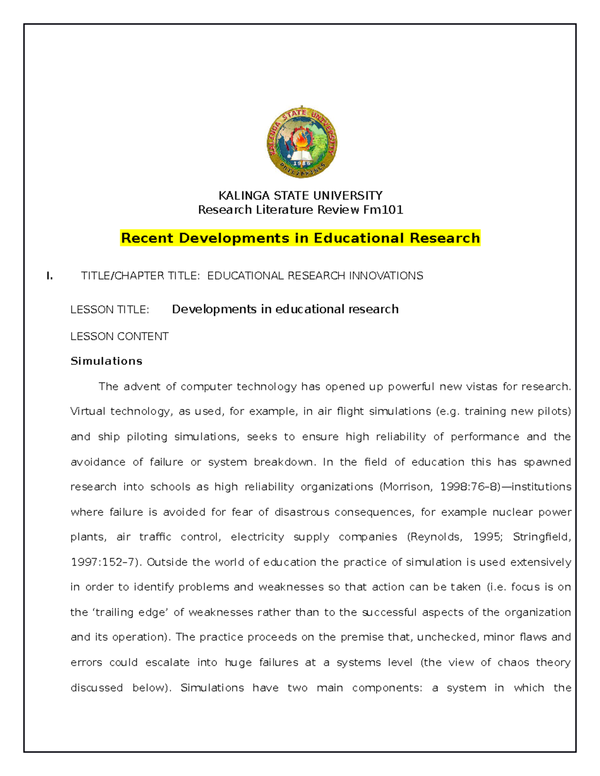 Recent Developments in Educational Research - TITLE/CHAPTER TITLE ...