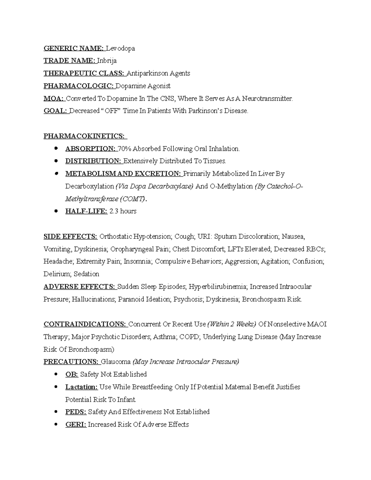 DRUG CARD WK 3 Levodopa - Drug card info - GENERIC NAME: Levodopa TRADE ...