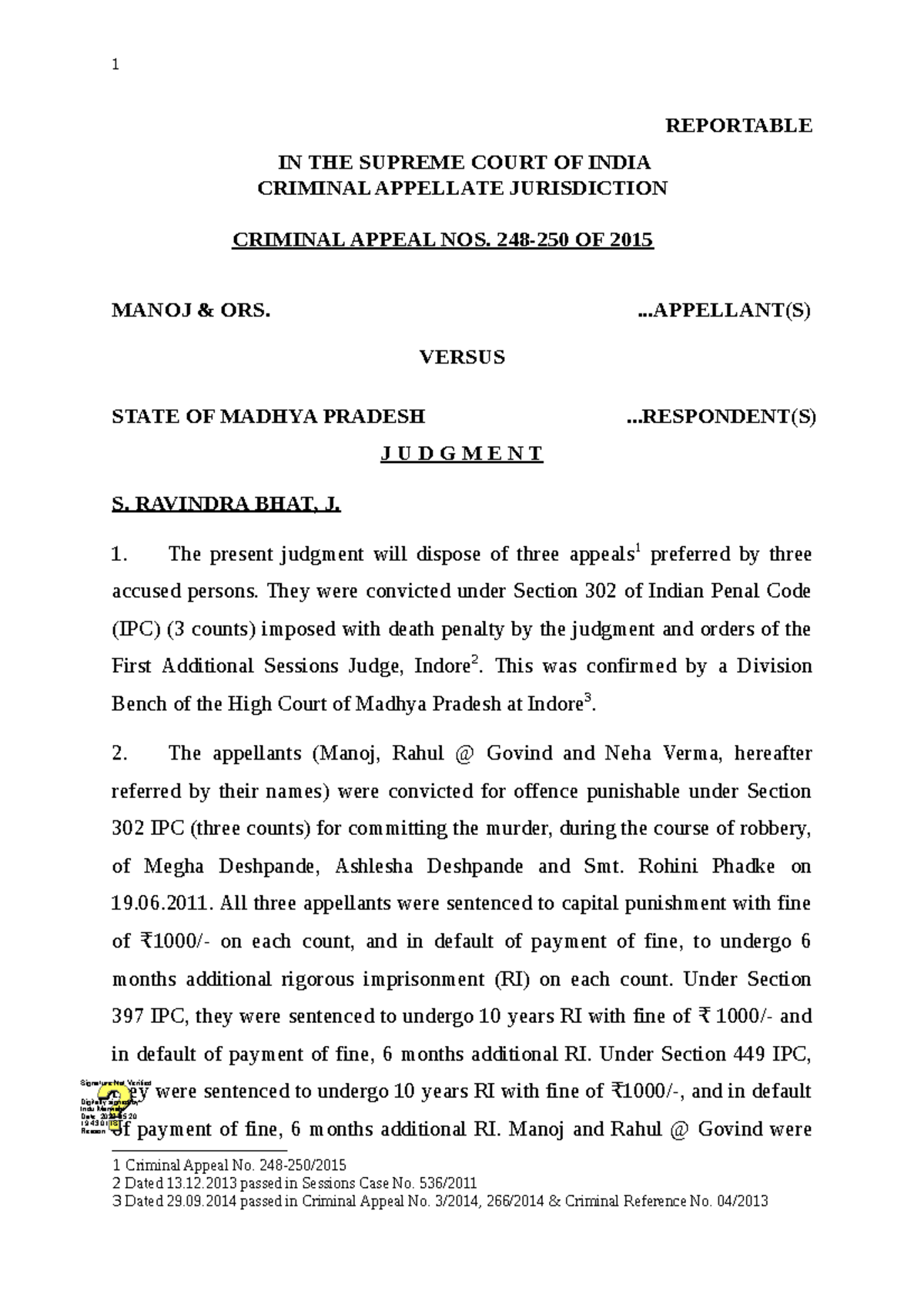 Manoj vs State of MP - CASE LAW - REPORTABLE IN THE SUPREME COURT OF ...