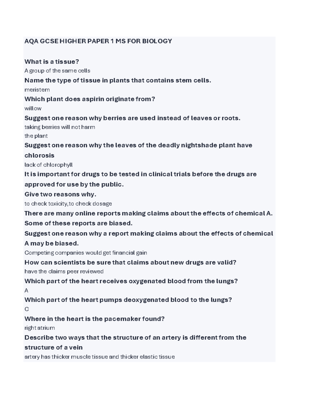 AQA GCSE Biology Paper 1 2023 Mark Scheme - AQA GCSE HIGHER PAPER 1 MS ...