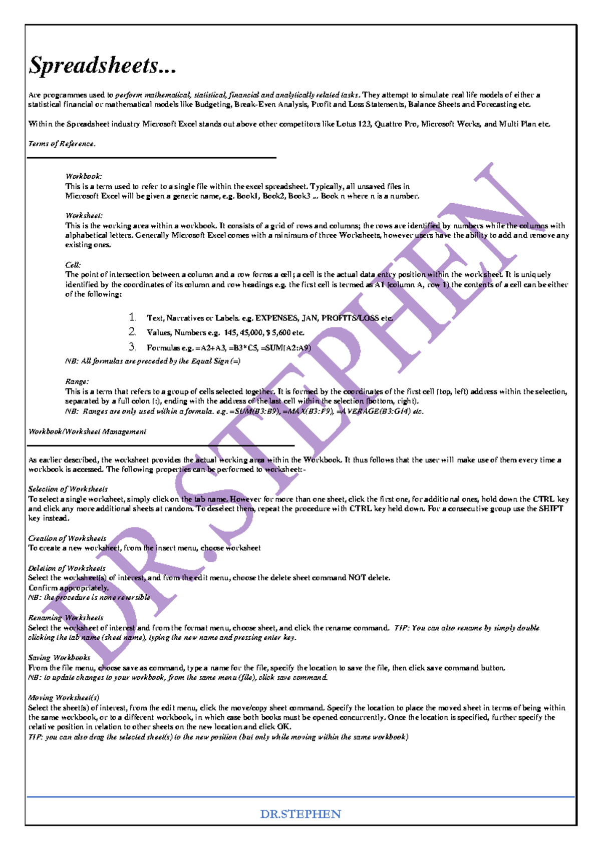 Spreadsheet /Exel practical lecture notes summary by Dr.stephen ...