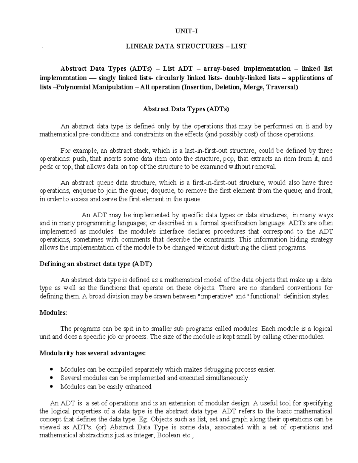 Unit 1 - NOTES - UNIT-I . LINEAR DATA STRUCTURES – LIST Abstract Data ...
