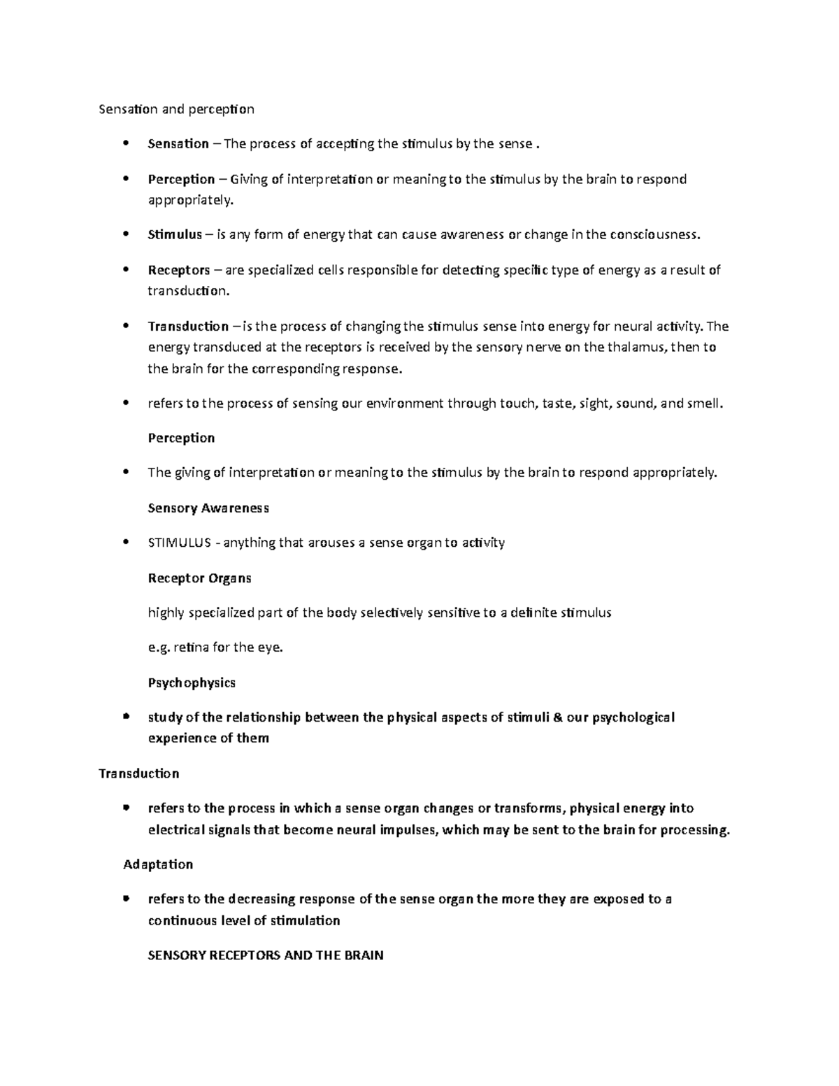 Hearing - Lecture notes 1 - Sensation and perception Sensation – The ...