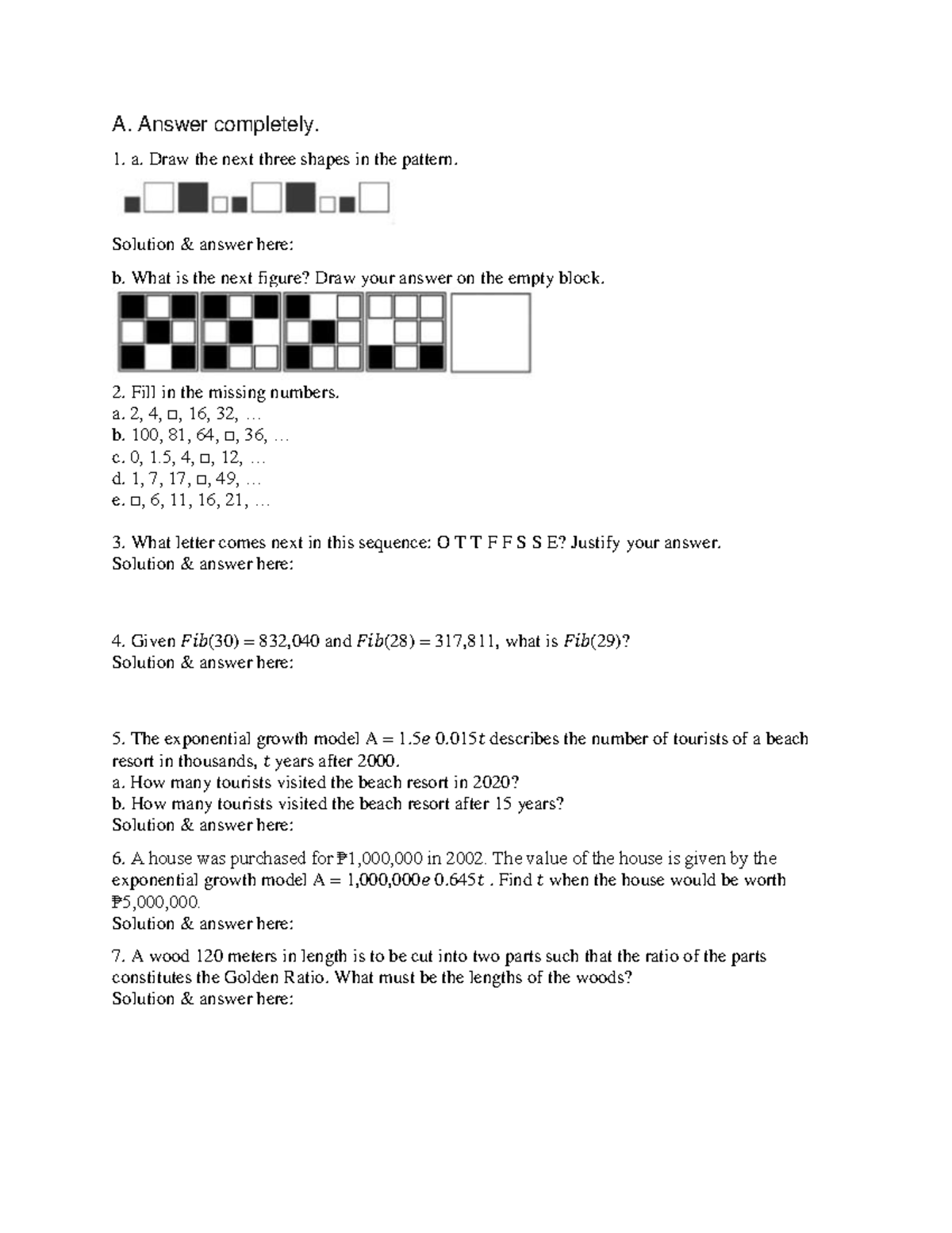 Quiz 2 GE Math - this is serve as an activity - A. Answer completely. a ...