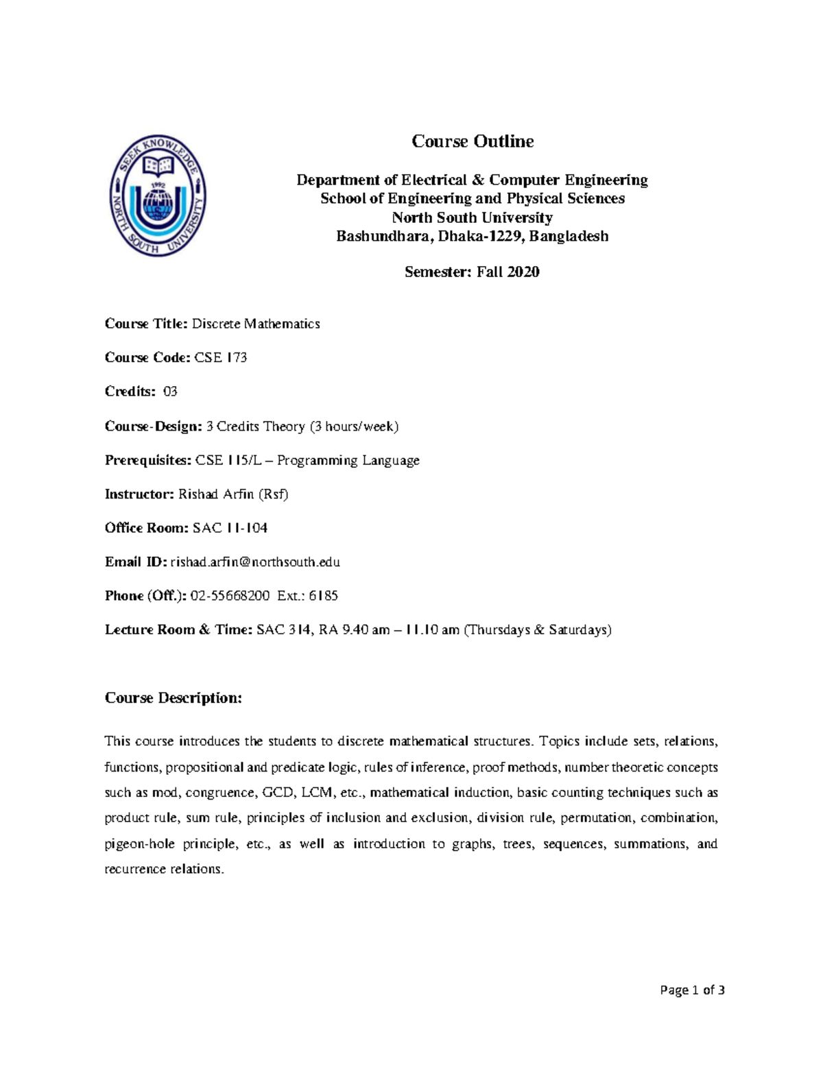 Course Outline CSE 173.4-Fall 2020 - Page 1 of 3 Course Outline ...