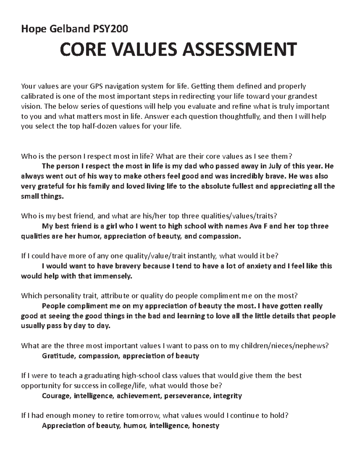 CORE Values Assessment- Gelband - Hope Gelband PSY CORE VALUES ...