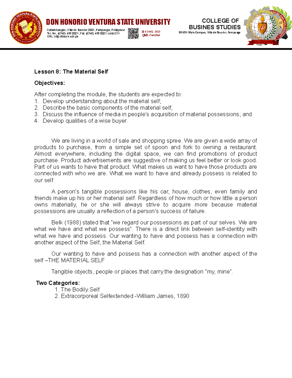 8 Material Self Lecture Notes 8 Lesson 8 The Material Self