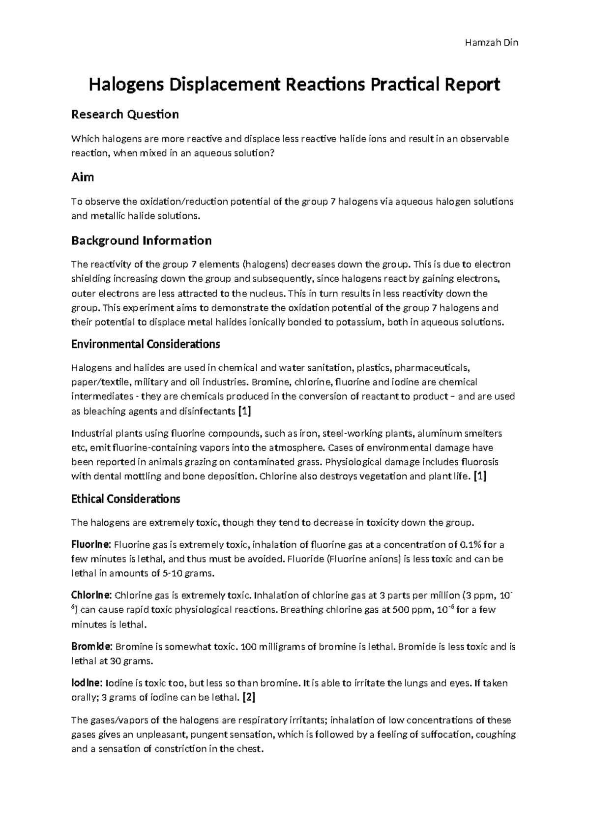 Halogen displacements report - Hamzah Din Halogens Displacement ...