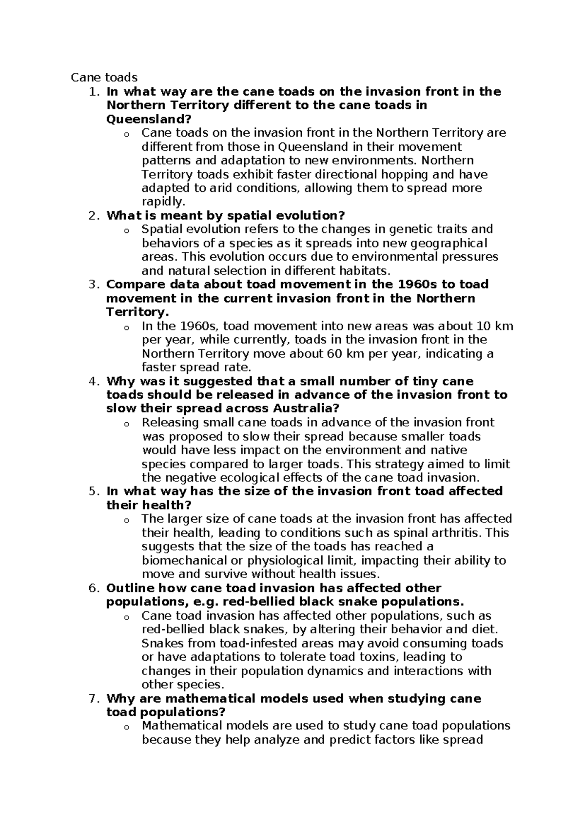 Cane toad worksheet - bio - Cane toads 1. In what way are the cane ...