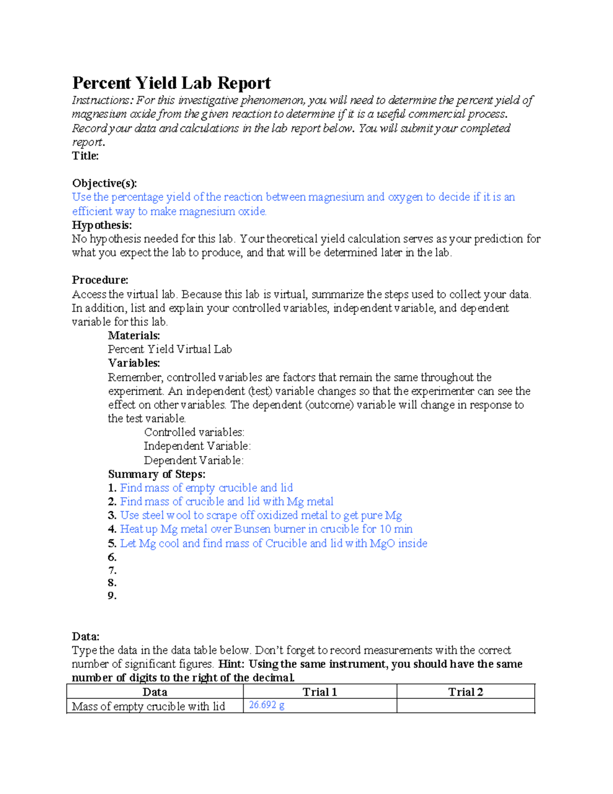 05 06 lab report-1 - Lap report - Percent Yield Lab Report Instructions ...