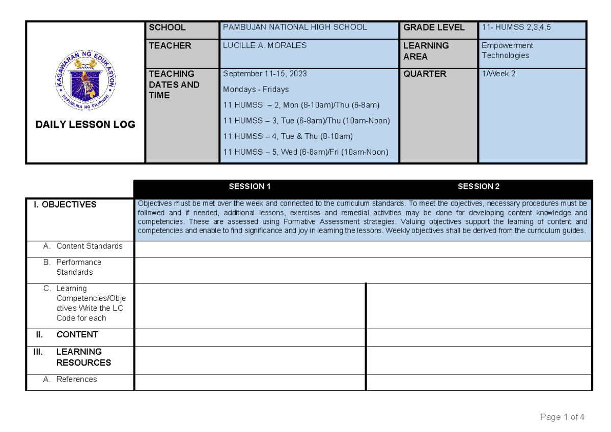 E-Tech11 Q1 -W3- modified - DAILY LESSON LOG SCHOOL PAMBUJAN NATIONAL ...