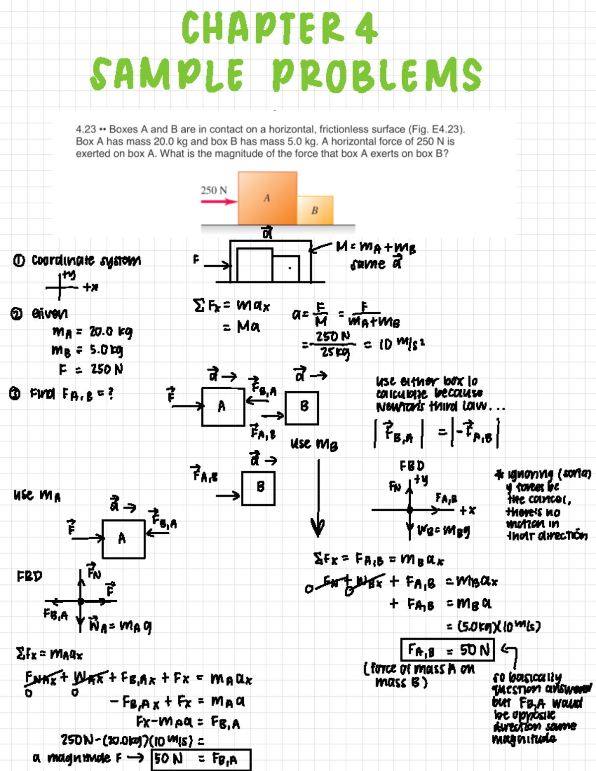 Ch 4 Practice - PHYS 201 - CHAPTER 4 SAMPLE PROBLEMS ñ ← M=MA+MB ① Coordinate system 5- → same F ...