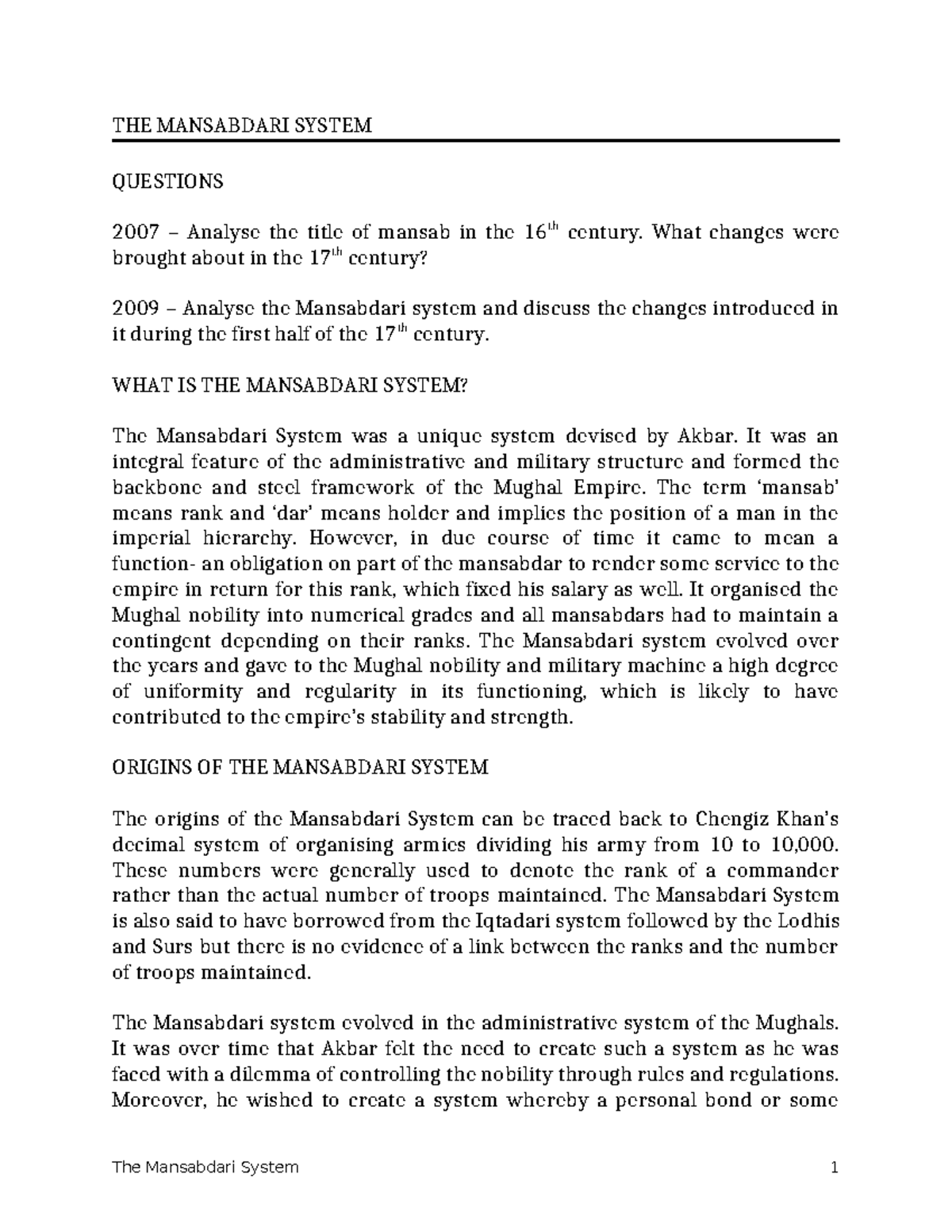 632183614 The Mansabdari System - THE MANSABDARI SYSTEM QUESTIONS 2007 ...