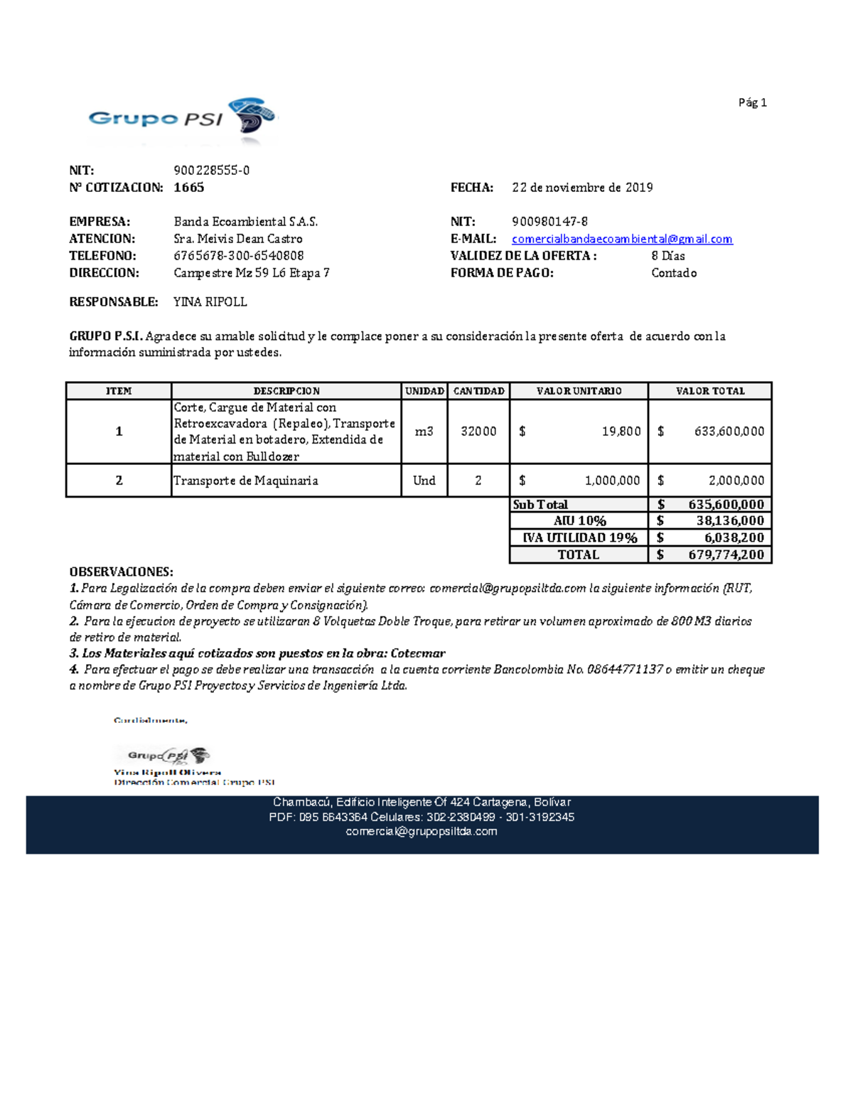 COT-1665 (Banda Ecoambiental) - Pág 1 NIT: 900228555- N° COTIZACION ...