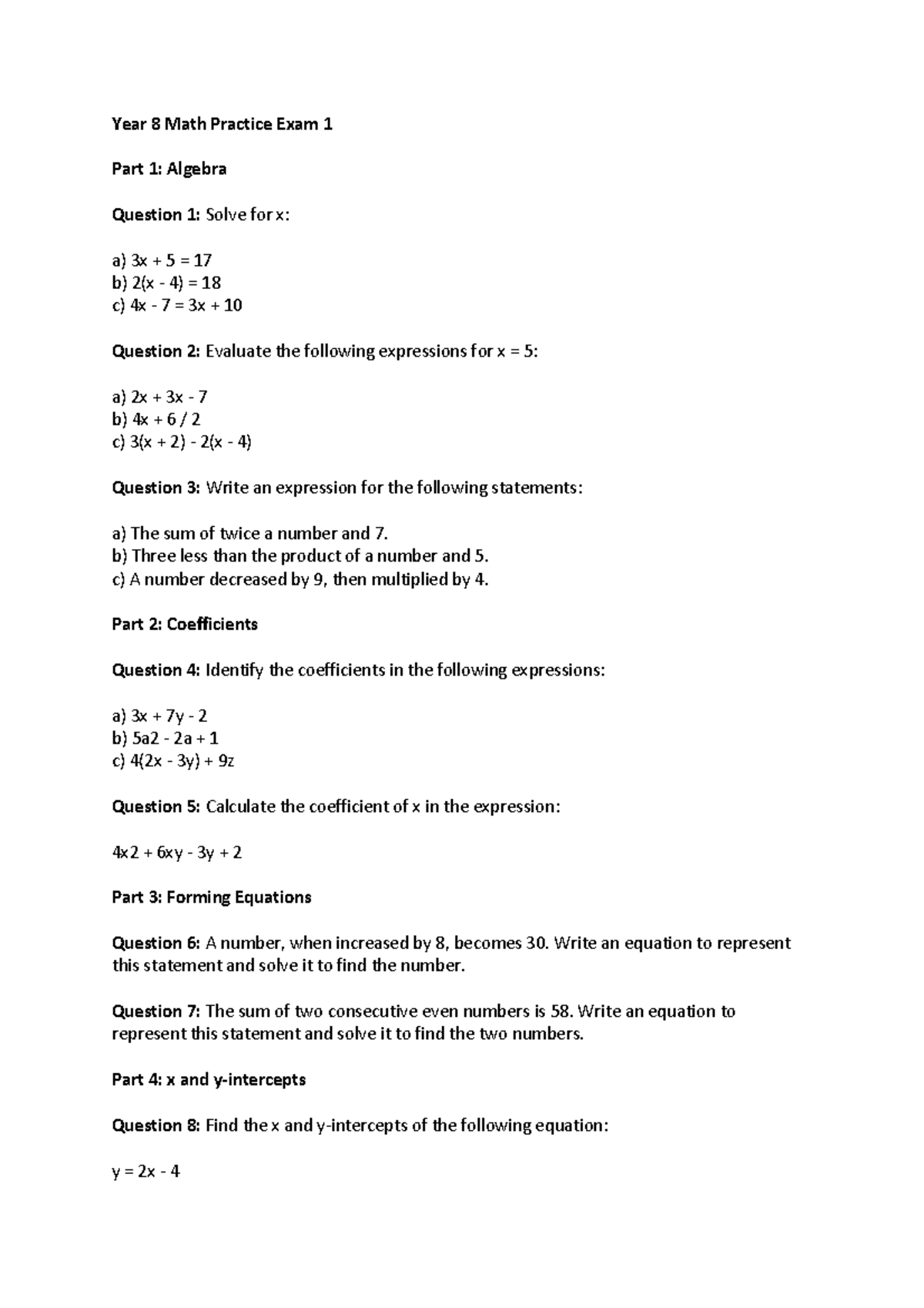 Practice Paper Questions - Year 8 Math Practice Exam 1 Part 1: Algebra ...