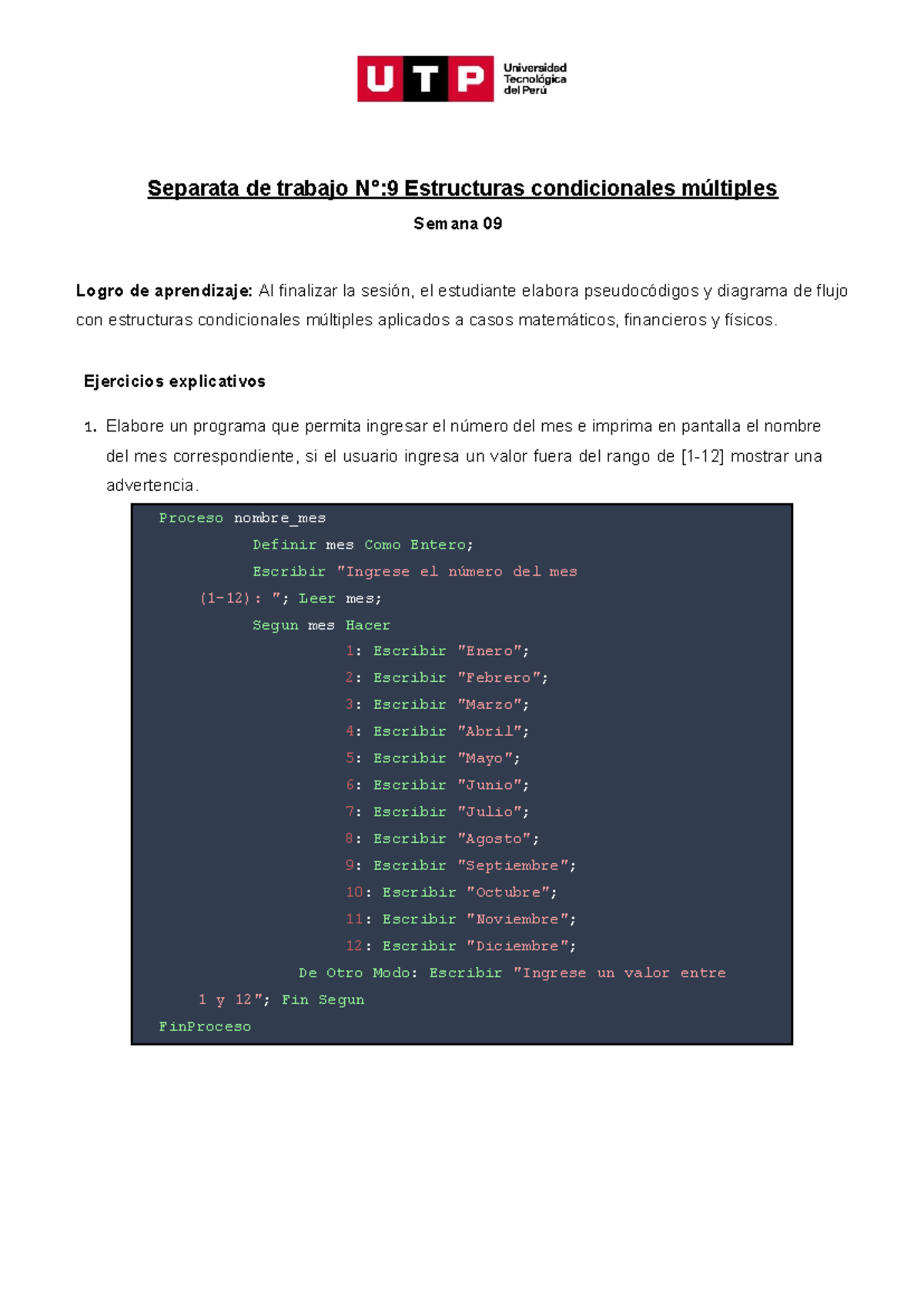 S09.s1 - Estructura condicional múltiple - Separata de trabajo N°:9 ...