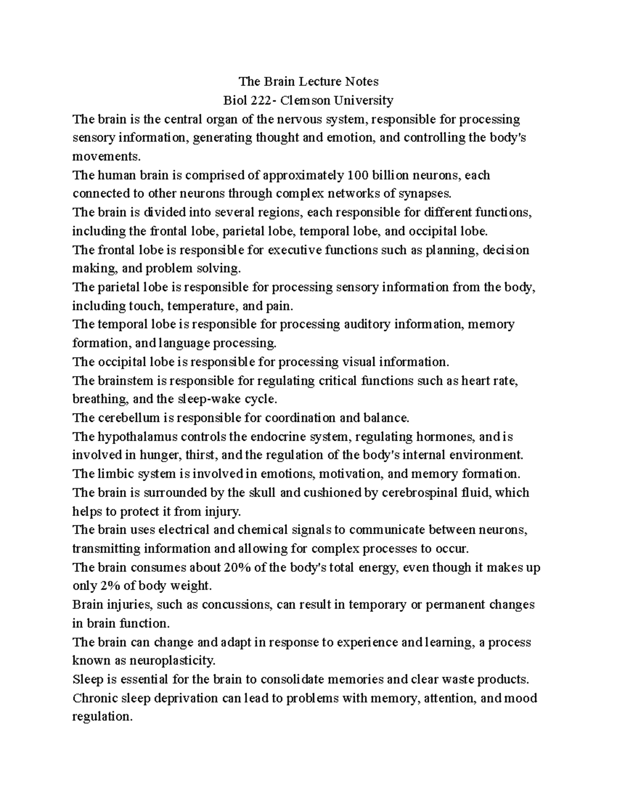 The Brain Lecture Notes - The human brain is comprised of approximately ...