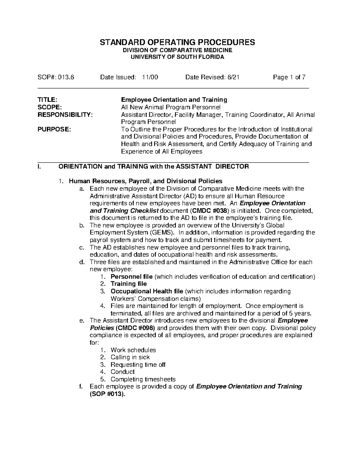 S013 employee orientation and training - STANDARD OPERATING PROCEDURES ...