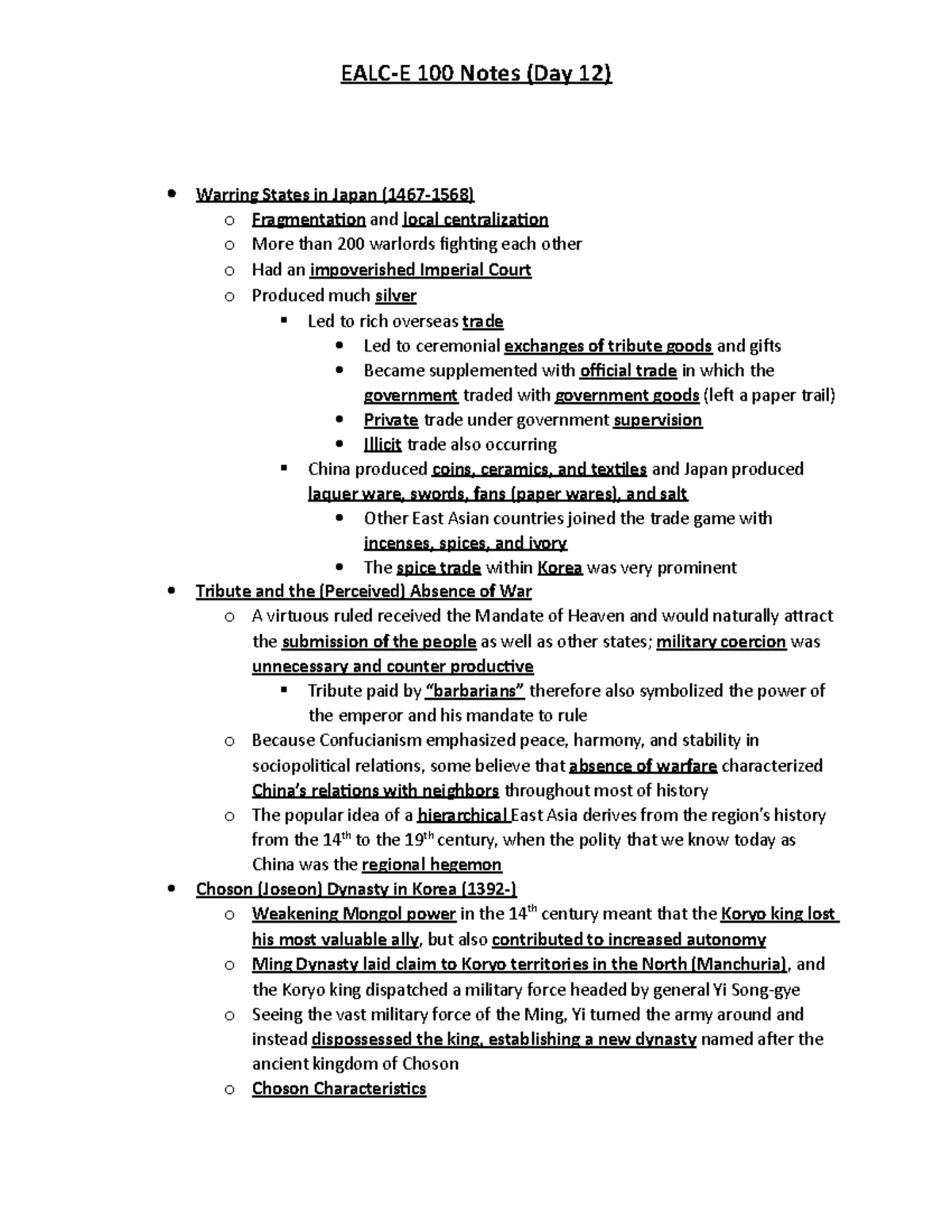EALC-E 100 Notes (Day 12- Lecture) - EALC-E 100 Notes (Day 12) Warring ...