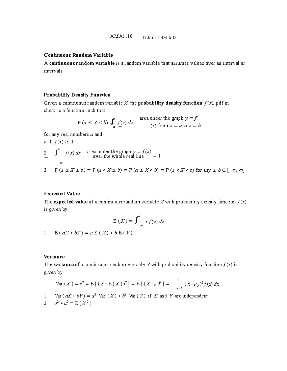 Tut8 - Tutorial Question for Lecture 8 - AMA1110 Tutorial Set #08 Continuous Random Variable A ...