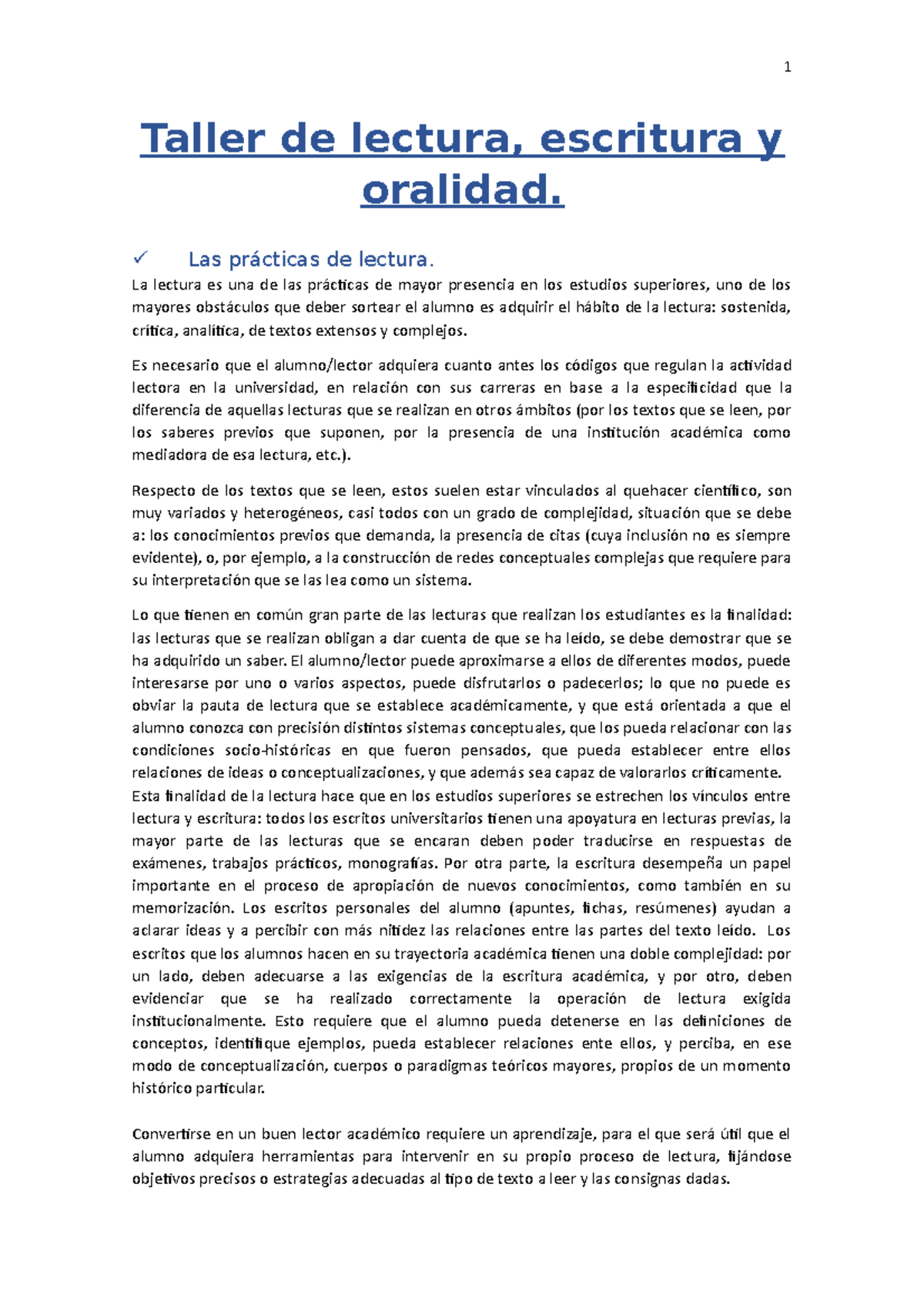 Taller lectura y escritura- resumen - Taller de lectura, escritura y ...