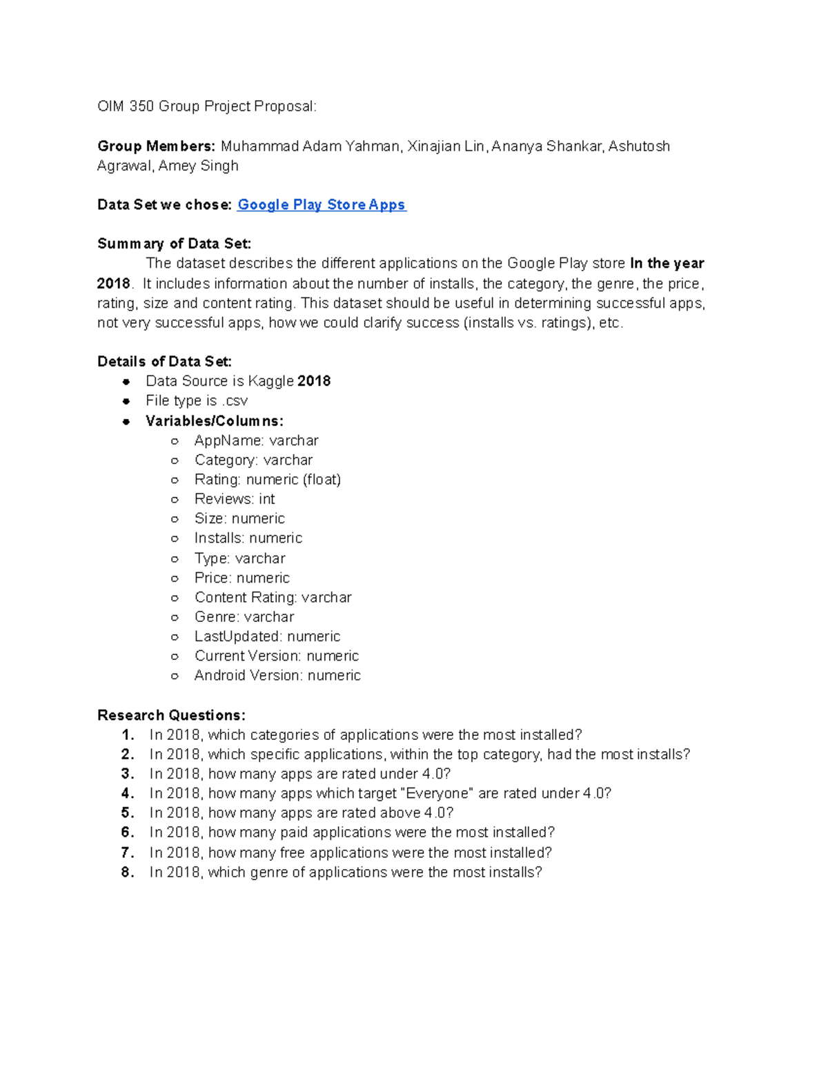 OIM 350 Group Project Proposal - OIM 350 Group Project Proposal: Group ...