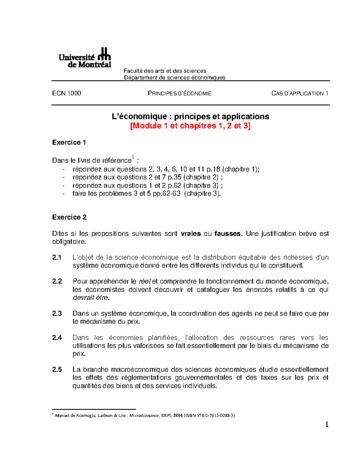 Exercices sur le module 1 - 1 Faculté des arts et des sciences ...