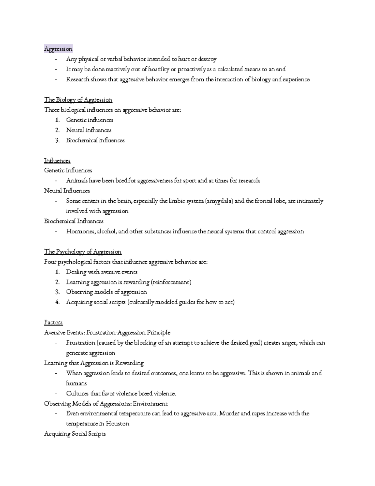Aggression Notes - Aggression - Any physical or verbal behavior ...
