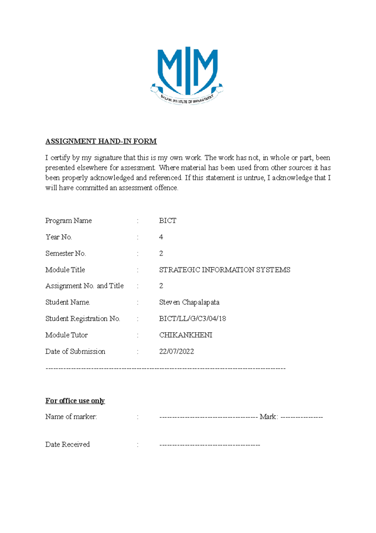 Strategic Information Systems WORK 2 - ASSIGNMENT HAND-IN FORM I ...