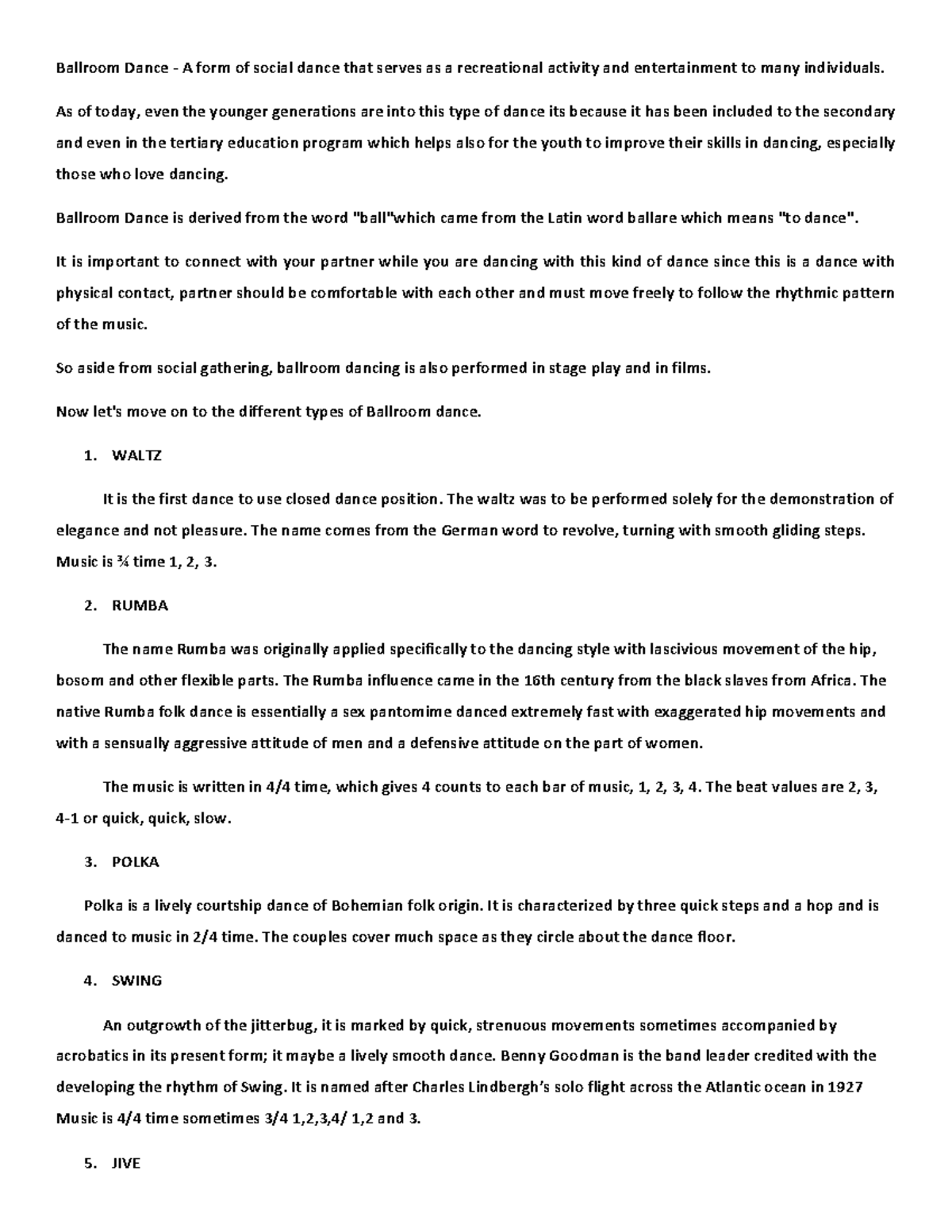 Ballroom Dance Notes for Lectures - Ballroom Dance - A form of social ...