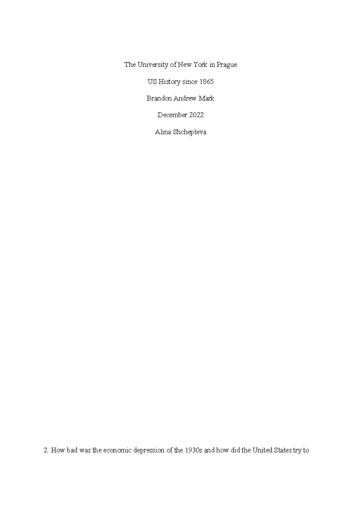Final - American history - The University of New York in Prague US ...